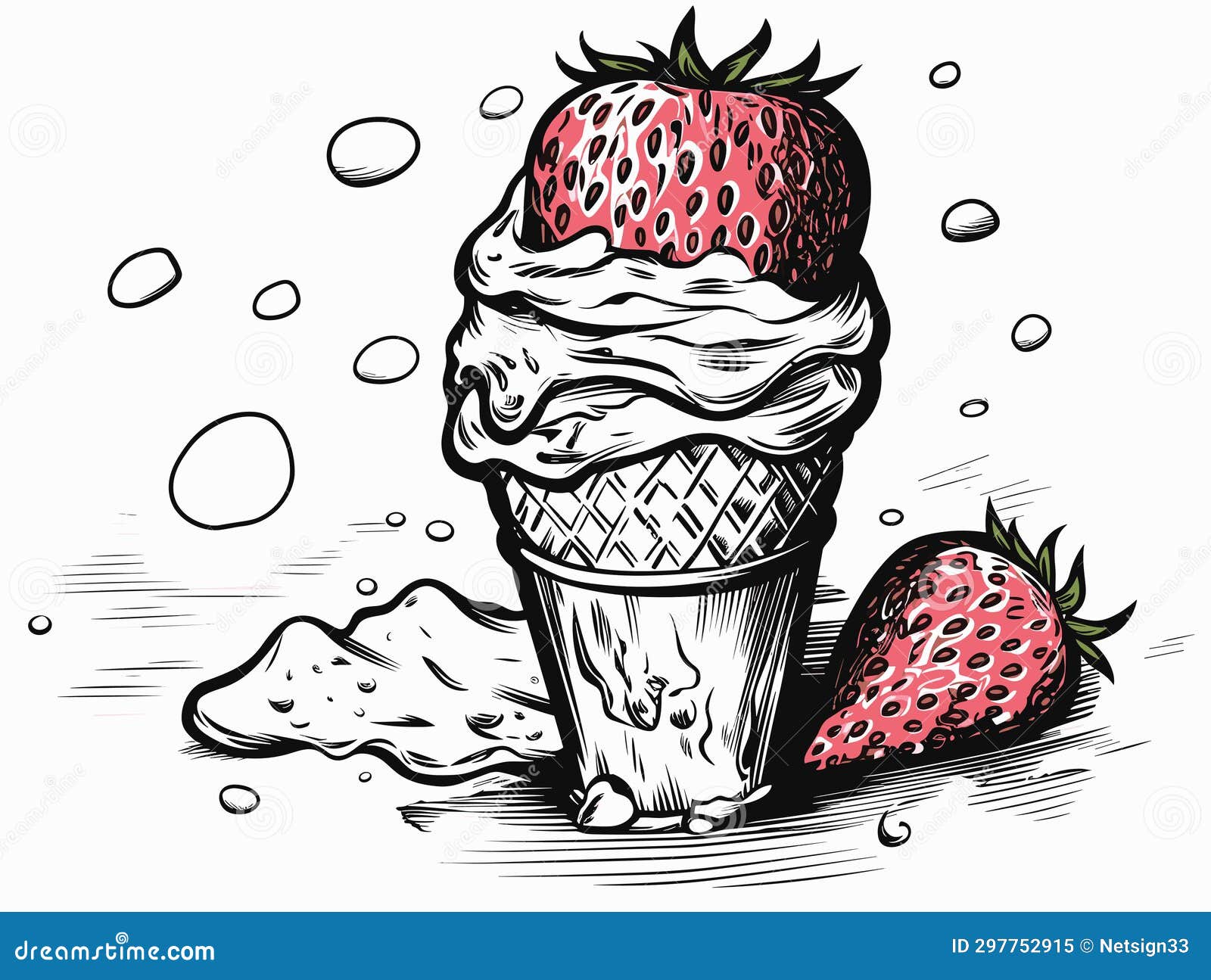 A Drawing of a Strawberry Ice Cream Cone - Strawberry and Ice Cream ...