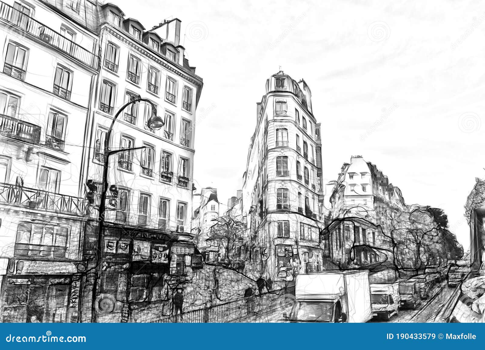 Drawing Style that Represents a Glimpse of a Street in the Center of ...