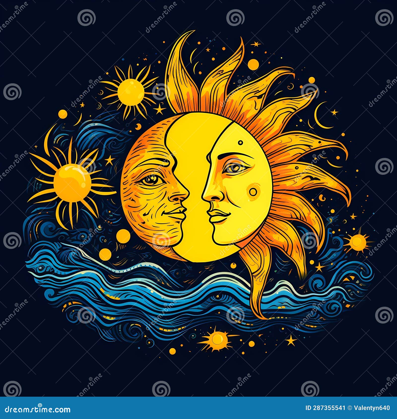Drawing of Sun and Moon in the Sky. Generative AI Stock Illustration ...