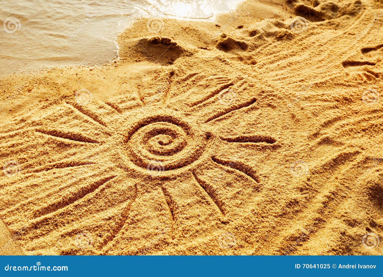 Drawing of a Sun Symbol on the Golden Sand at the Seashore Background ...
