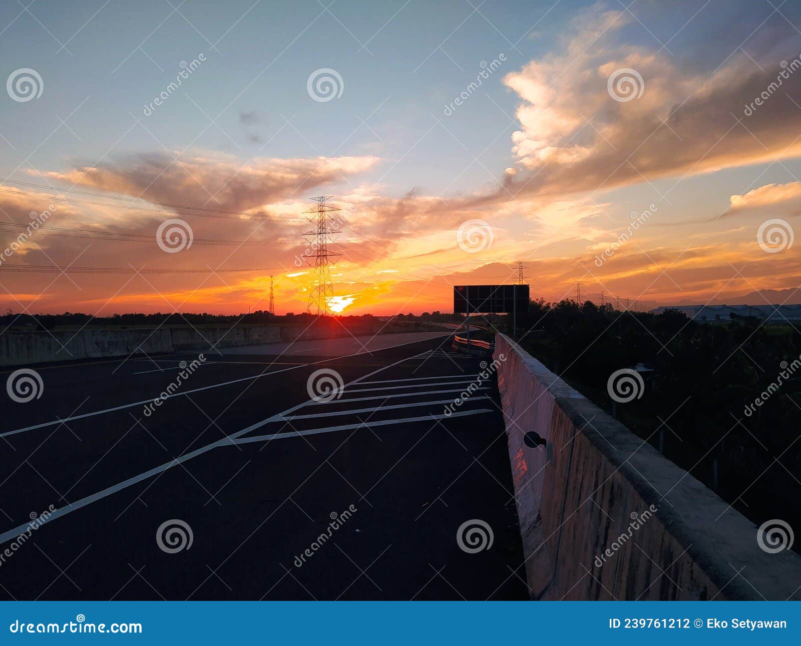 Drawing sunset on the road stock photo. Image of morning - 239761212