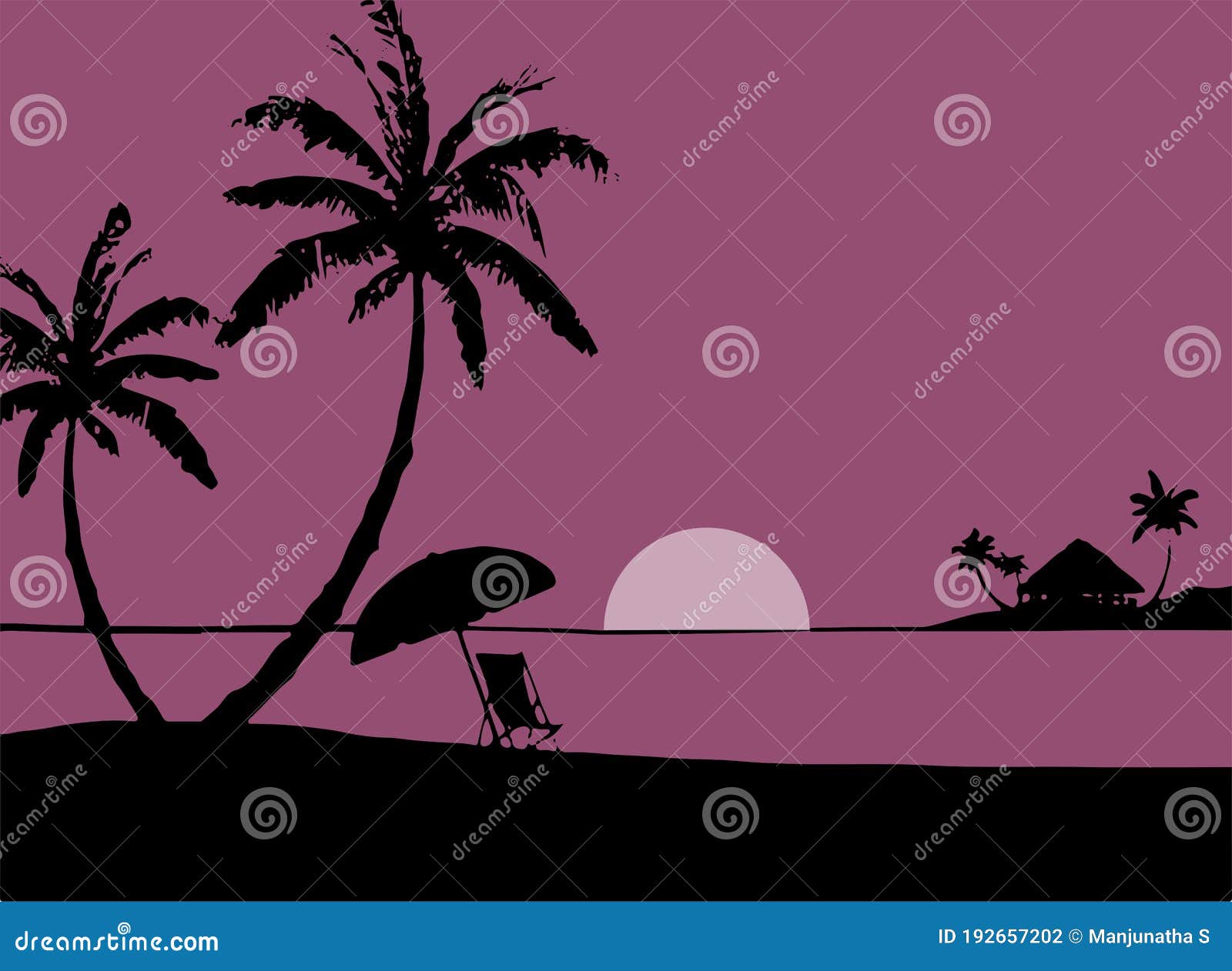Drawing of Sunset with Silhouette of Coconut Tree Vector Editable ...
