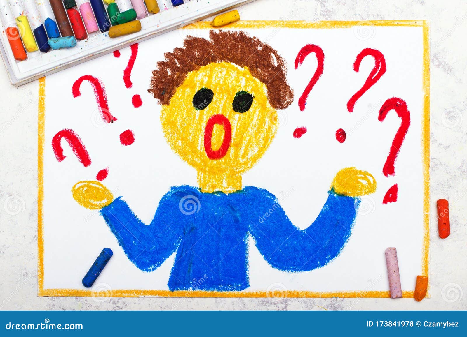 Drawing: Surprised Young Boy and Question Marks Around Him. Problem and ...