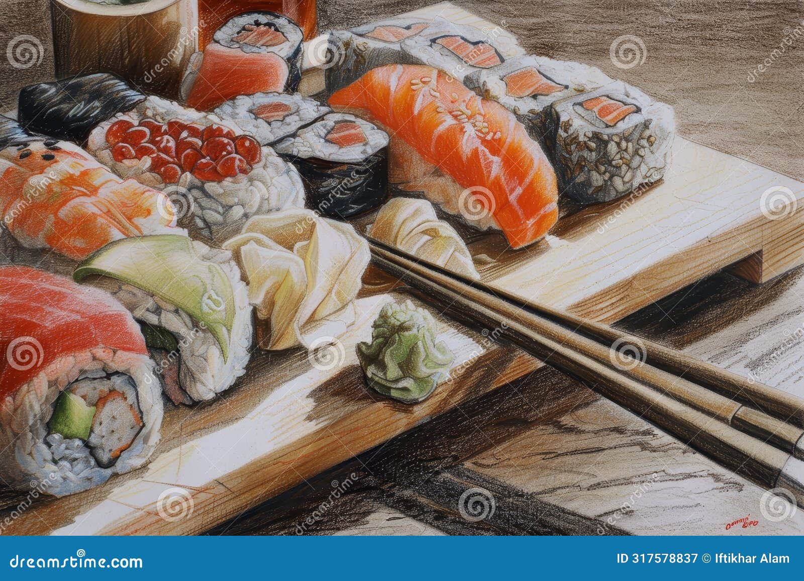 Drawing of Sushi Assortment with Chopsticks on a Table, a Dreamy Pastel ...
