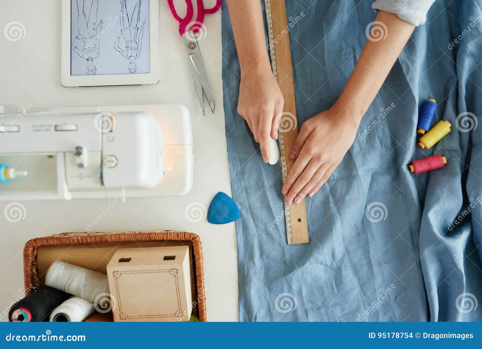 Drawing on textile stock photo. Image of process, ruler - 95178754