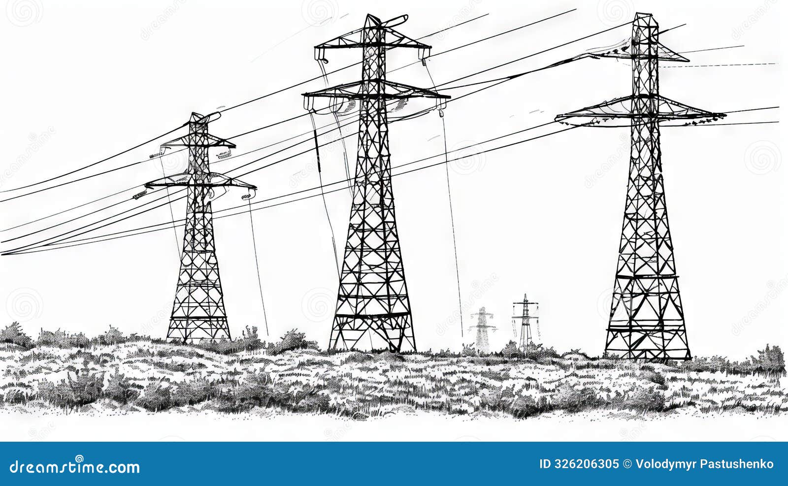 A Drawing of Three Power Lines in the Field Stock Image - Image of pole ...