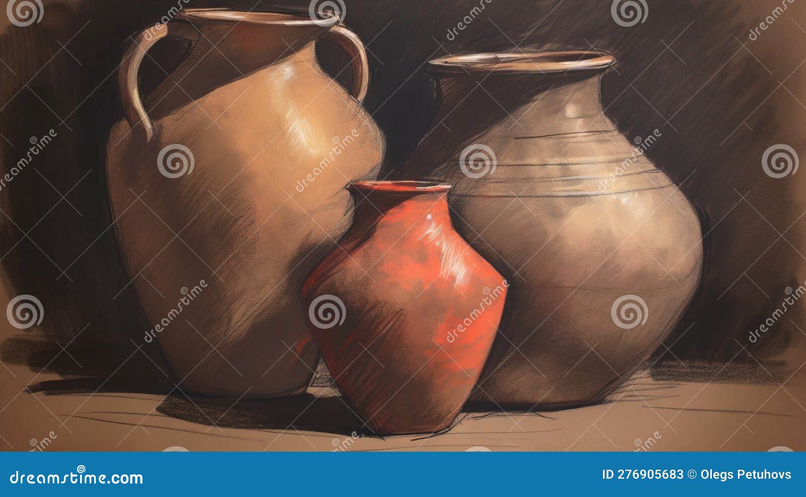 A Drawing of Three Vases Sitting on a Table Next To Each Other Stock ...