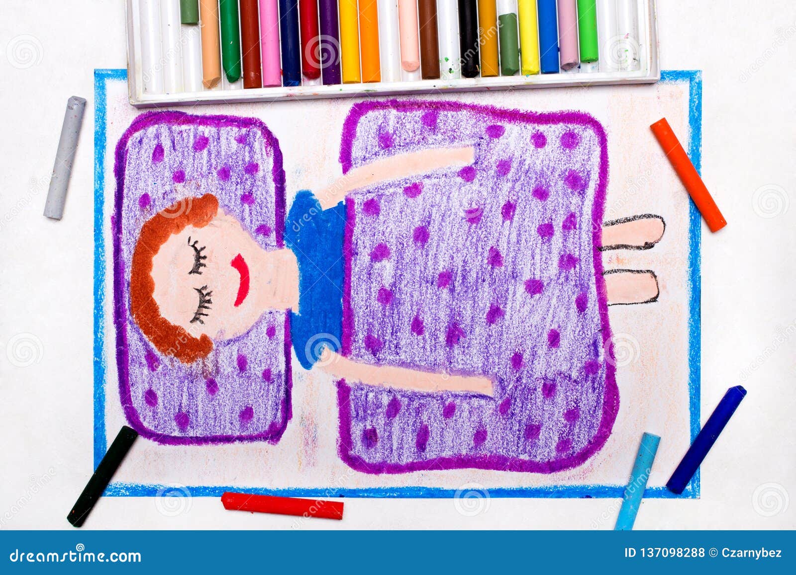 Drawing: Time To Sleep. a Smiling Boy is Sleeping in a Bed Stock ...