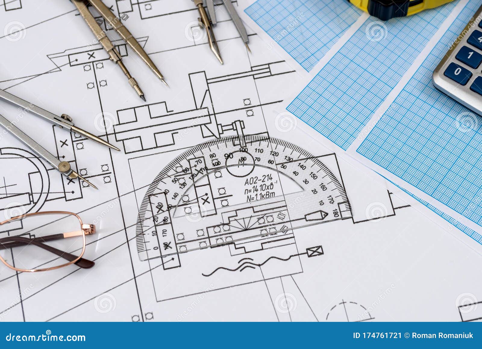 Drawing Tools with Blueprints in Roll on Scheme Stock Image - Image of ...