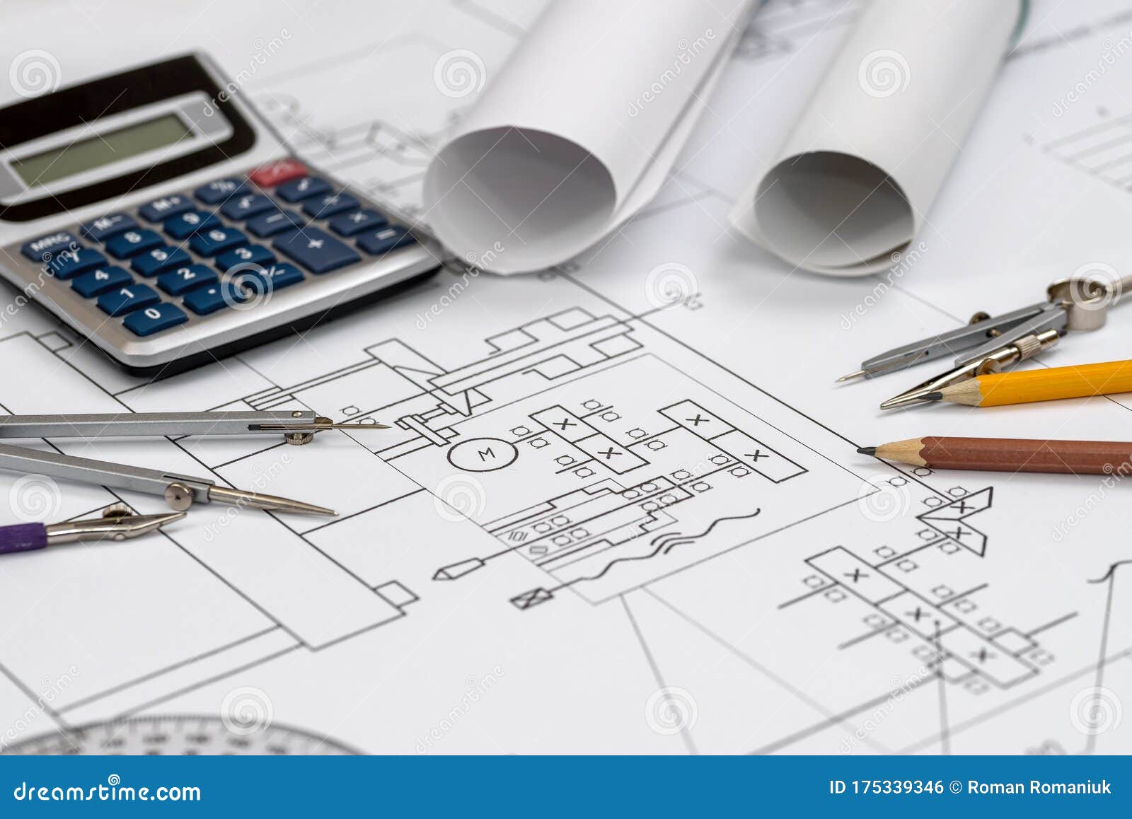 Drawing Tools with Blueprints in Roll on Scheme Stock Photo - Image of ...
