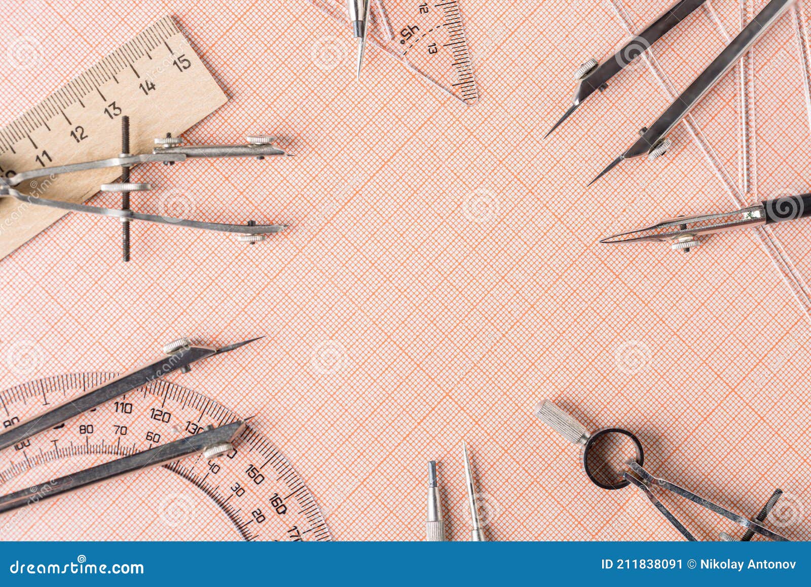 Drawing Tools, Ruler and Protractor on Graph Paper. Close Up Stock ...