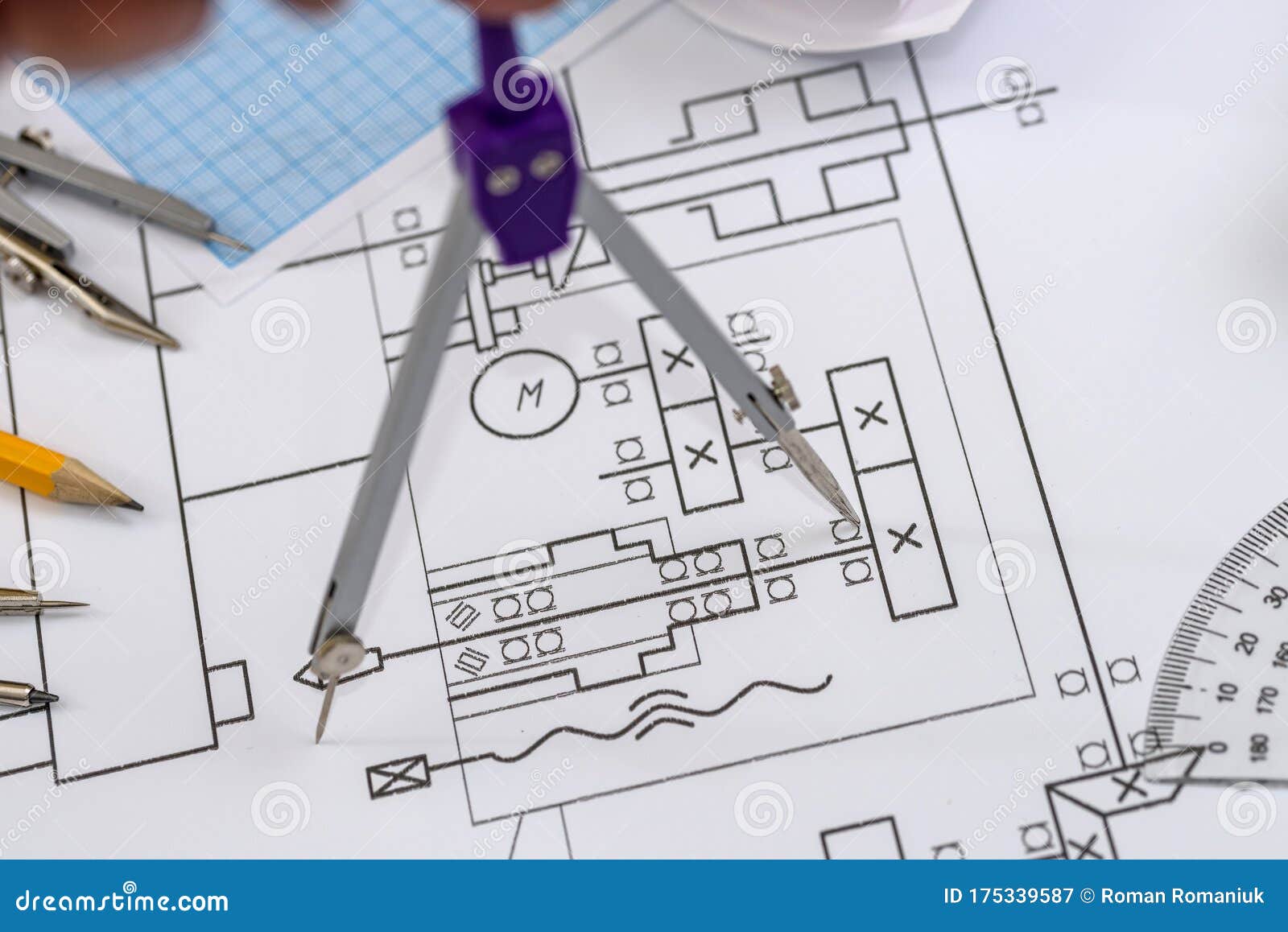 Drawing Tools at Technical Sketch on Table Close Up Stock Image - Image ...
