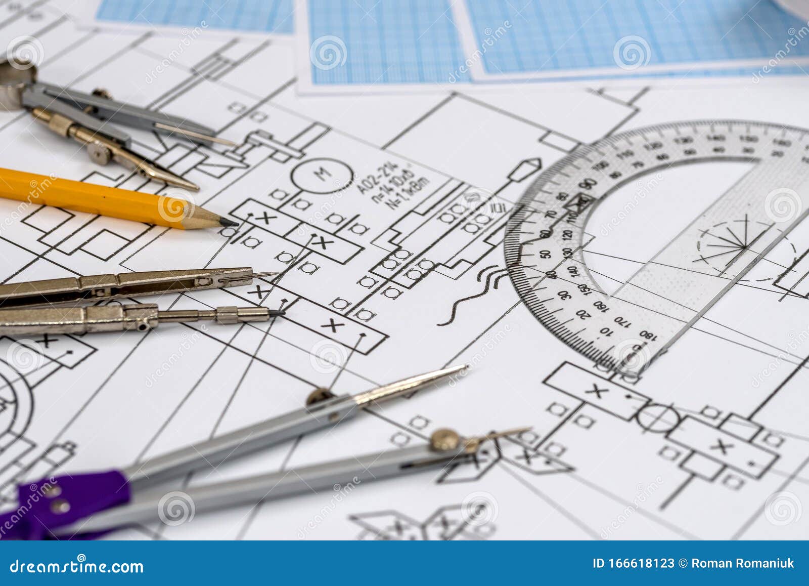 Drawing Tools at Technical Sketch on Table Close Up Stock Image - Image ...