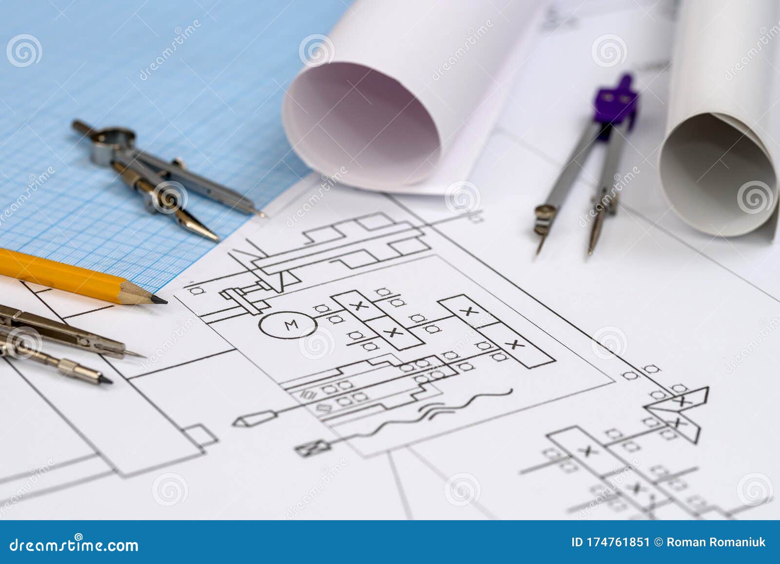 Drawing Tools at Technical Sketch on Table Close Up Stock Image - Image ...