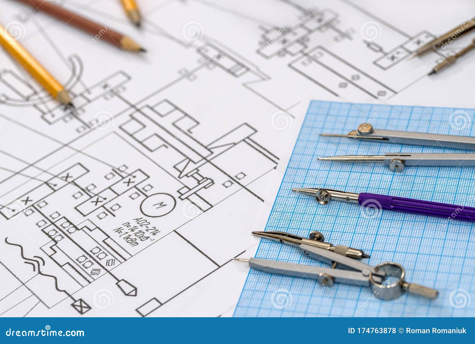 Drawing Tools at Technical Sketch on Table Close Up Stock Photo - Image ...