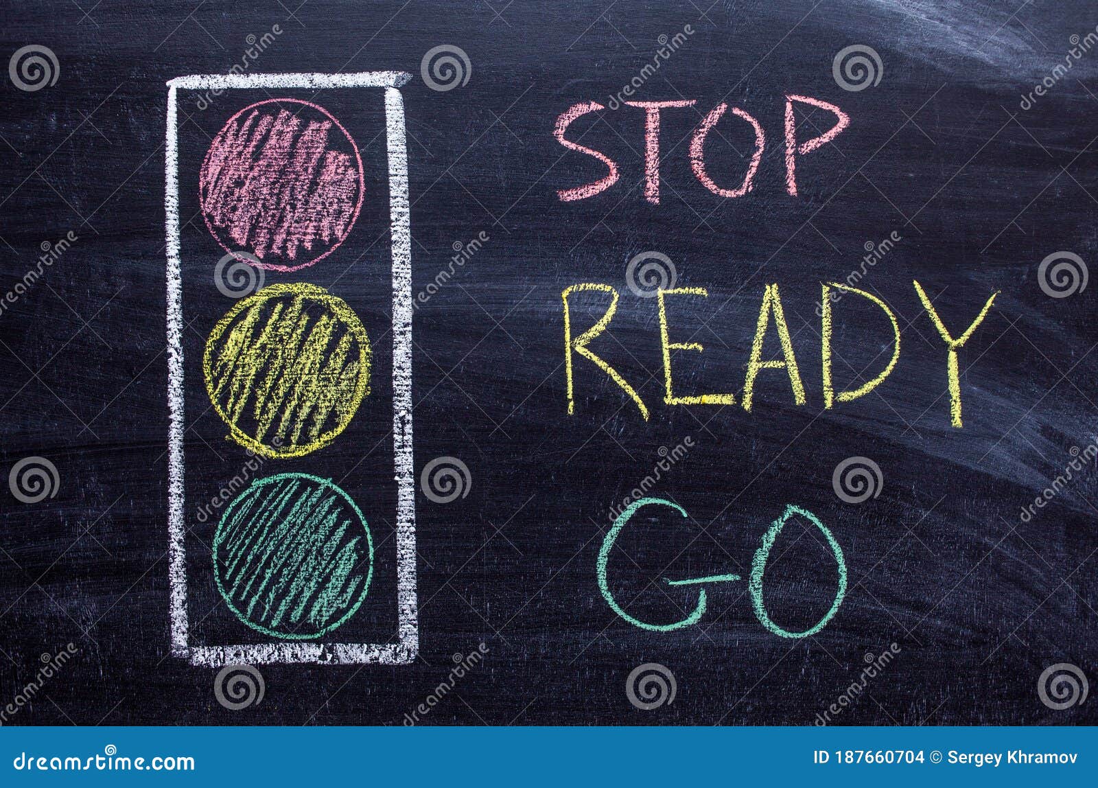 Drawing of a Traffic Light on a Chalk Board. Text STOP, READY, GO Stock ...
