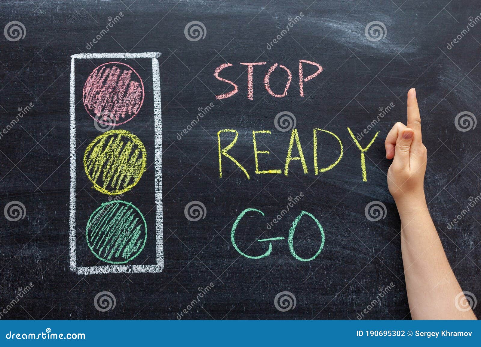 Drawing of a Traffic Light on a Chalk Board. Text STOP, READY, GO, the ...