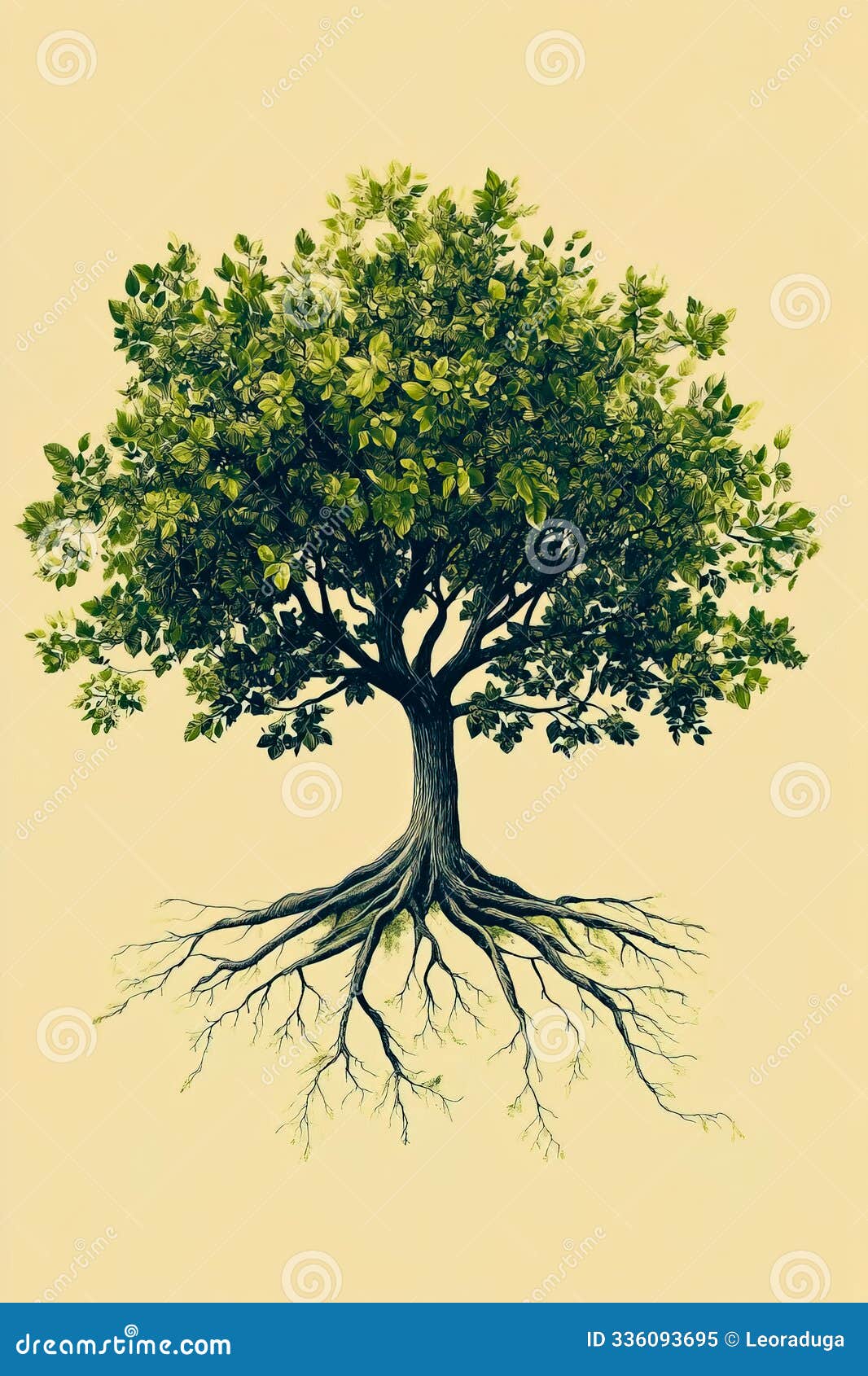 Colored Tree Drawing With Roots A Sturdy Tree With Deep Roots And Lush