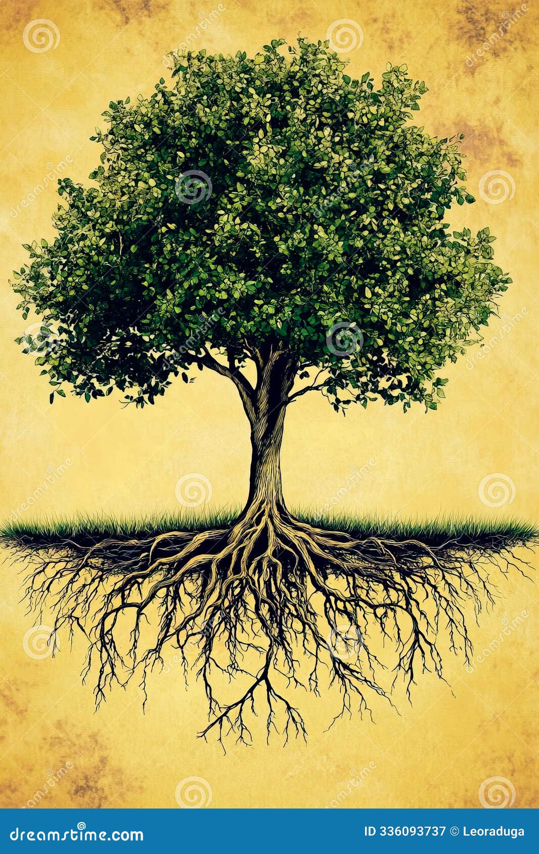 A Drawing Of A Tree With Green Leaves And Roots On Color Background ...
