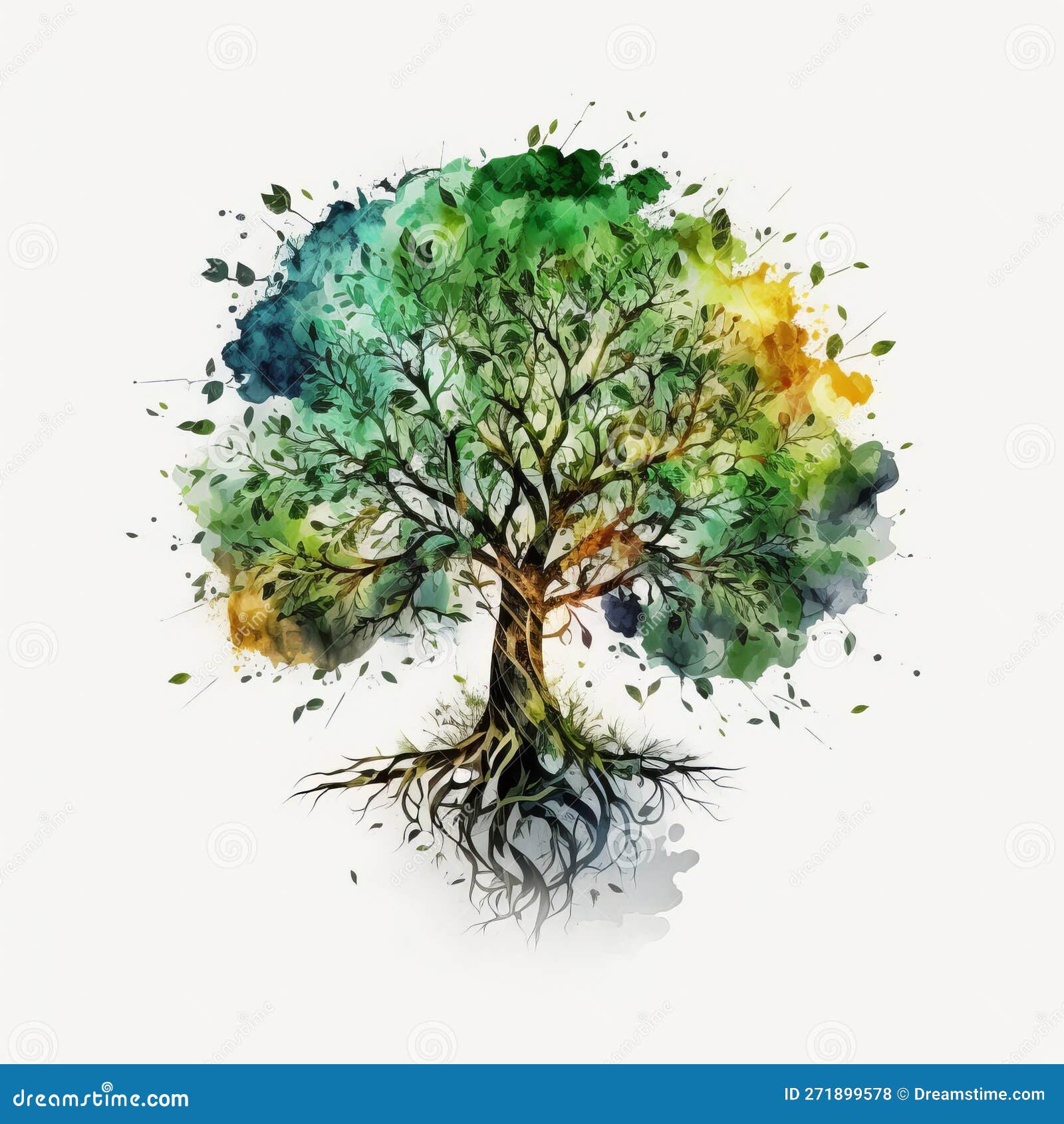 Drawing of a Tree with Roots in Bright Colors Watercolor Generative AI ...