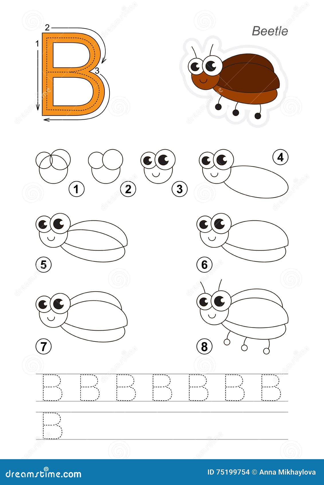 Drawing Tutorial. Game for Letter B. the Small Bug. Stock Vector ...