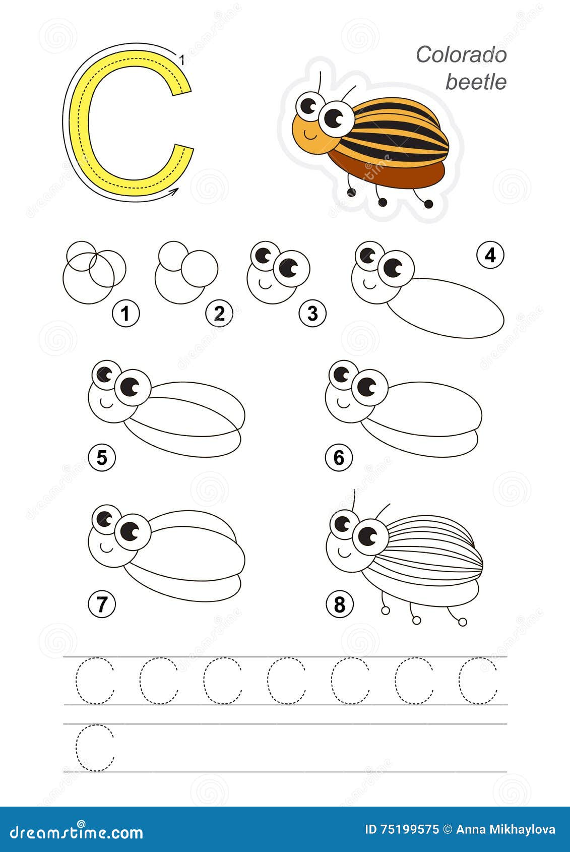 Drawing Tutorial. Game For Letter C. Colorado Potato Beetle. Cartoon ...