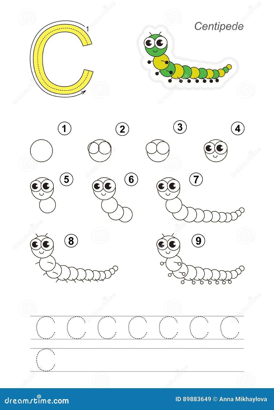 Drawing Tutorial. Game for Letter C. Funny Centipede. Stock Vector ...