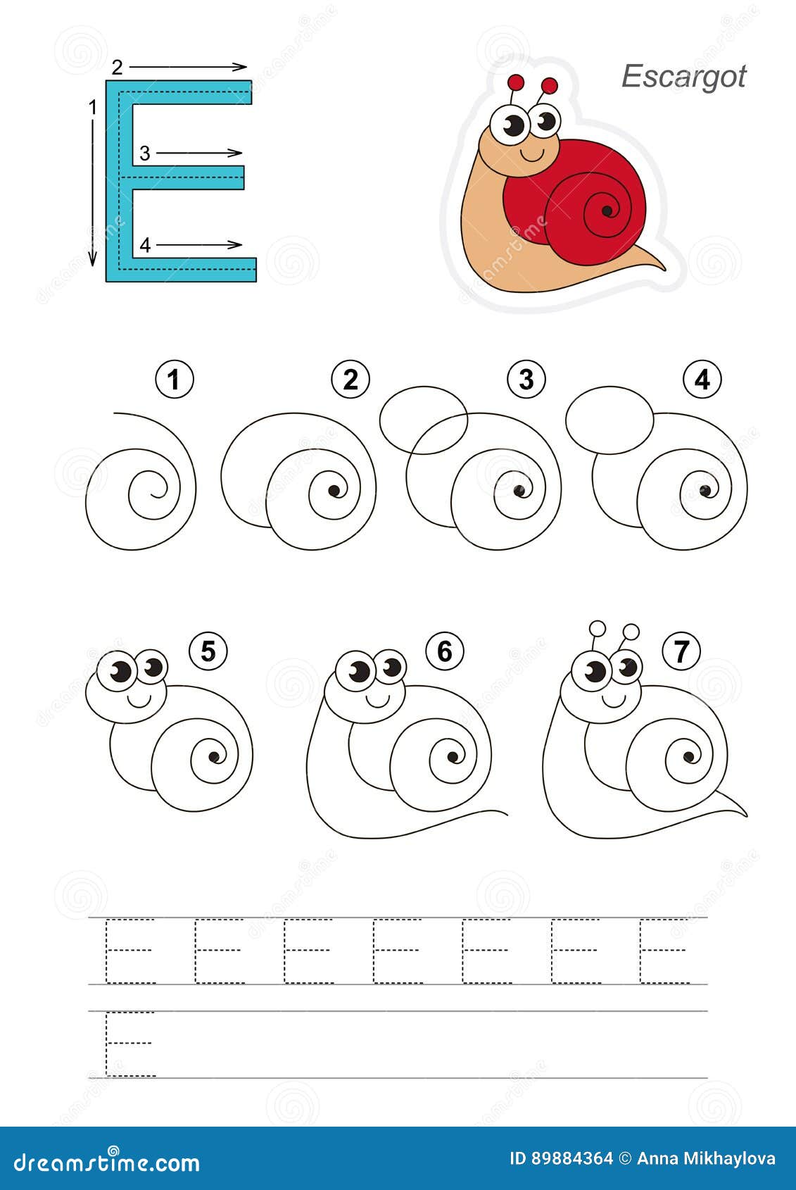 Drawing Tutorial. Game for Letter E. Red Escargot. Stock Vector ...