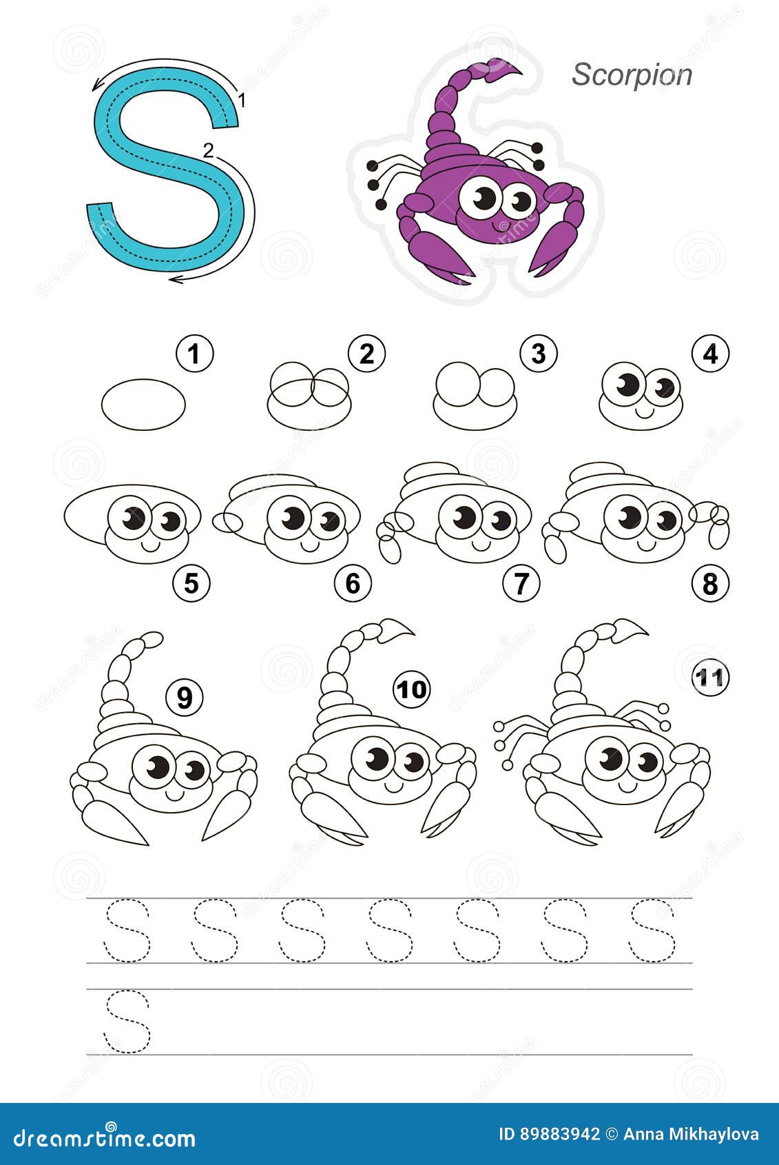 Drawing Tutorial. Game For Letter S. Cute Scorpion. Vector Illustration ...