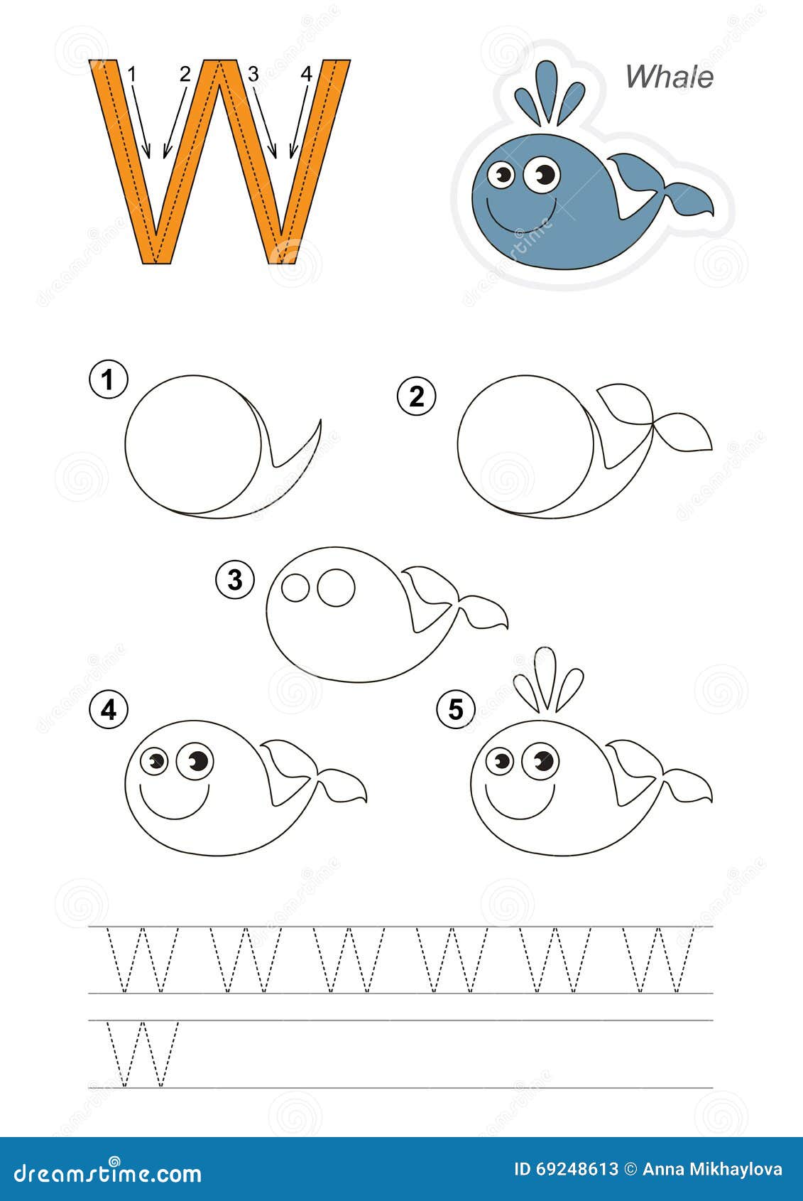 Drawing Tutorial. Game for Letter W Stock Vector - Illustration of hand ...
