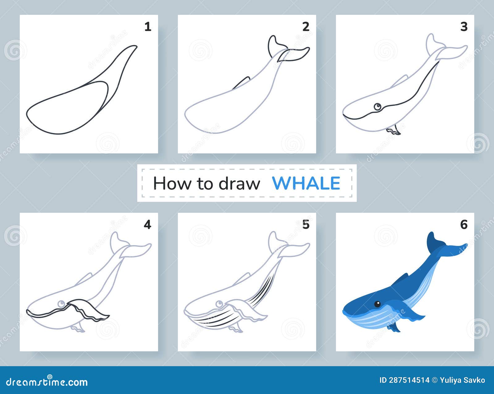 How To Draw A Whale. Step By Step Drawing Lesson For Kids. Cartoon ...