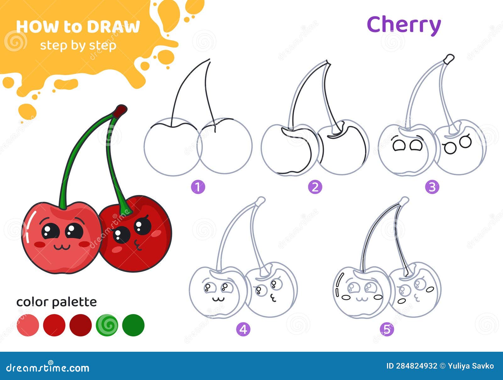 Drawing Tutorial for Kids. How To Draw Cherry. Stock Vector ...