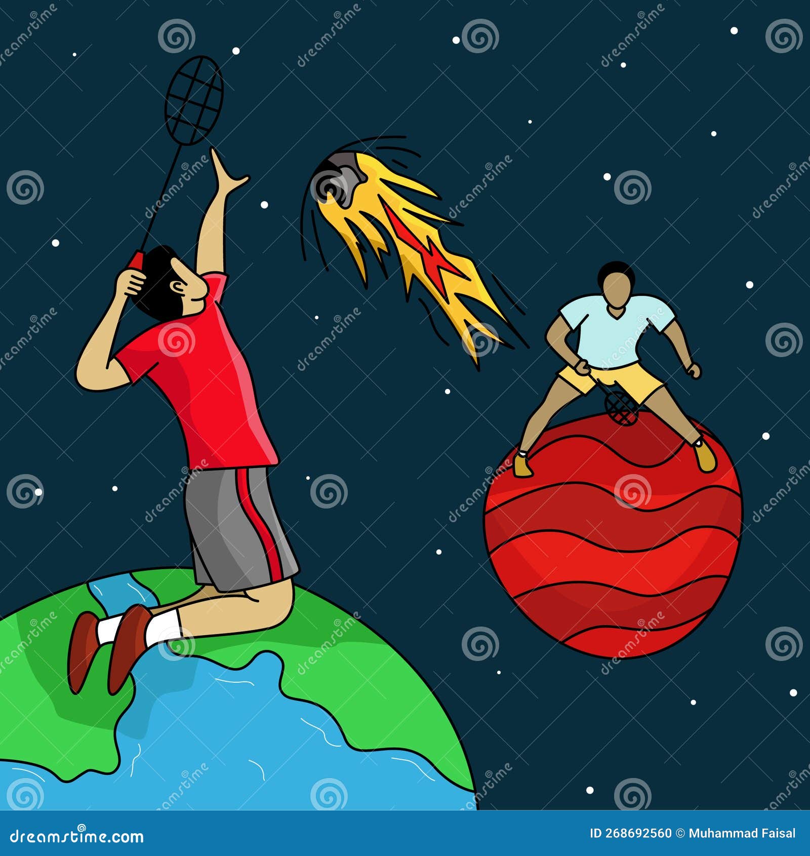 Drawing of Two Badminton Players Competing between Planets in Outer ...
