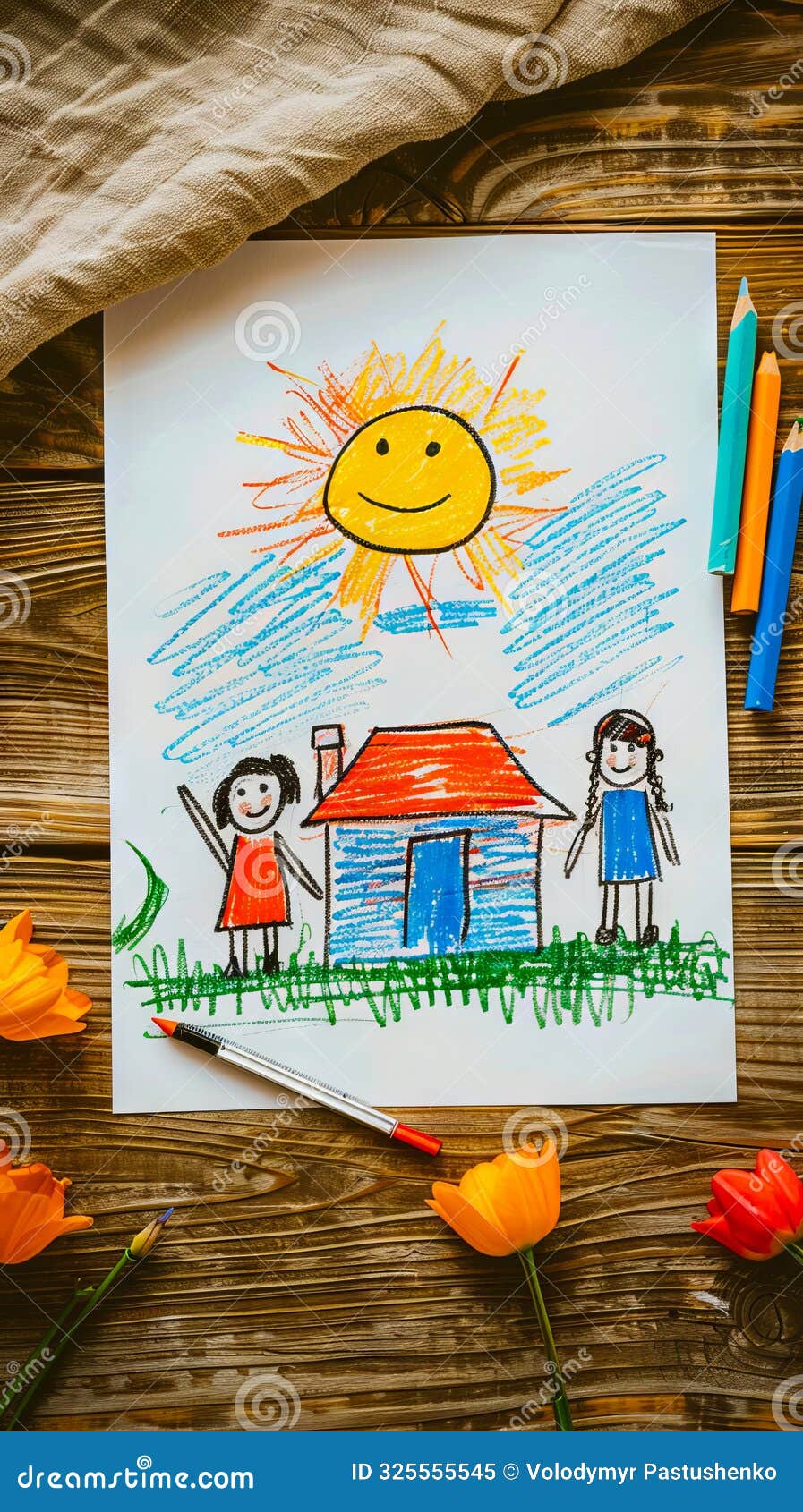 A Drawing of Two Children and a House with Sun Stock Image - Image of ...
