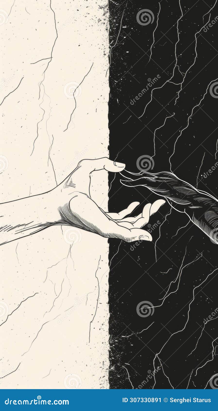 A Drawing of Two Hands Reaching for Each Other in a Black and White ...