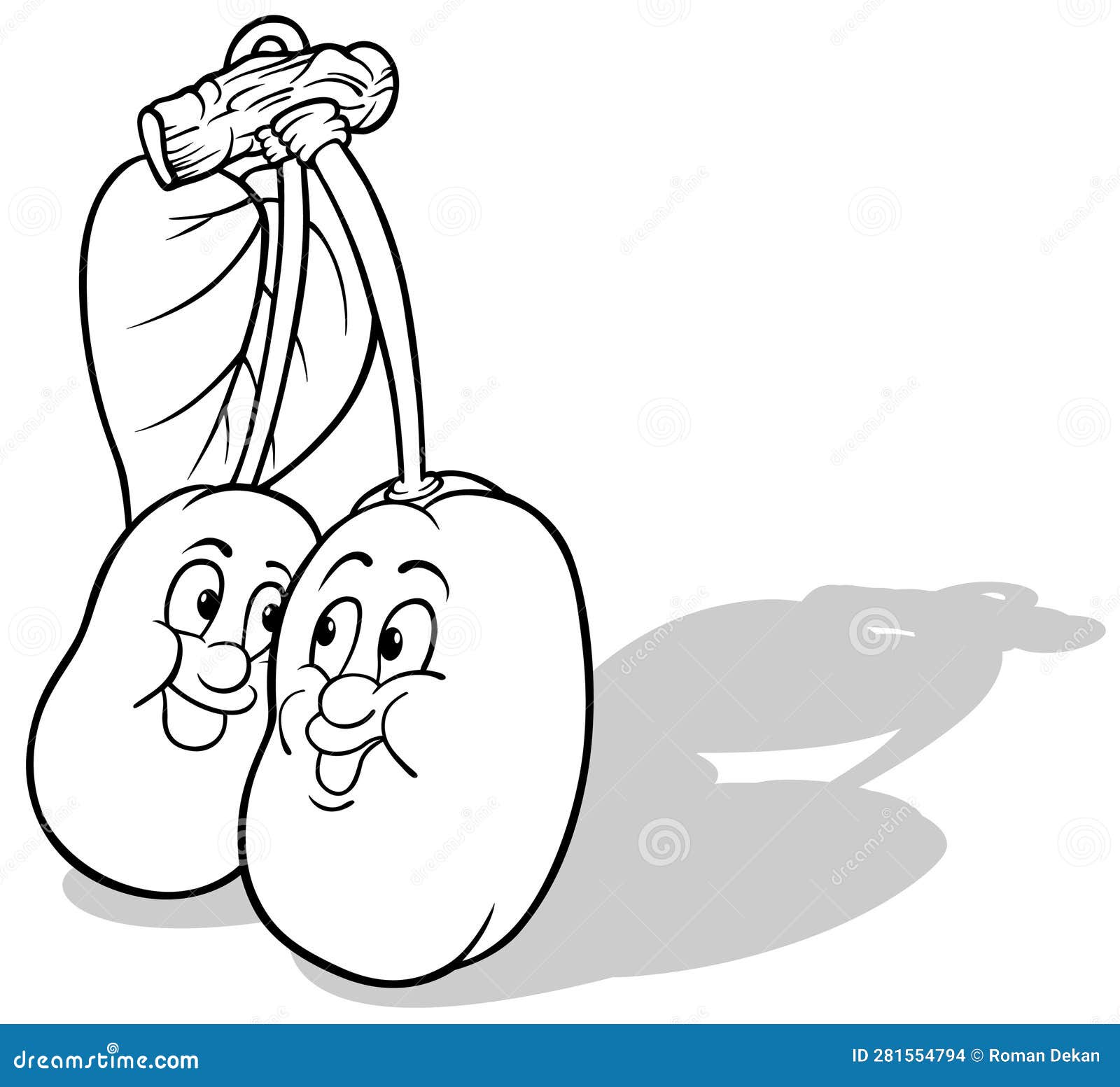 Drawing of Two Plums with Faces Hanging on a Twig with a Leaf Stock ...