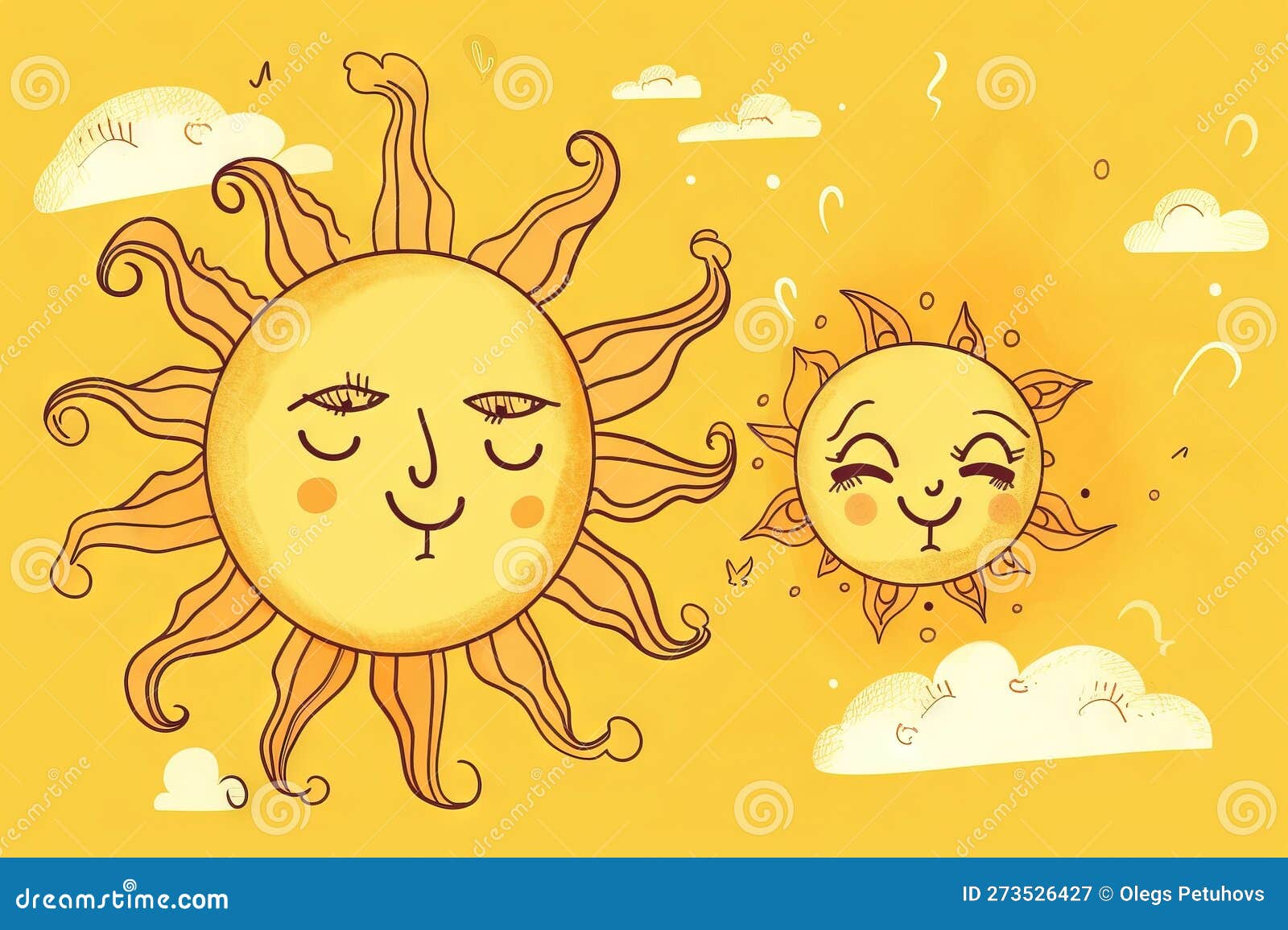 A Drawing of Two Sun and a Moon in the Sky with Clouds in the Sky ...
