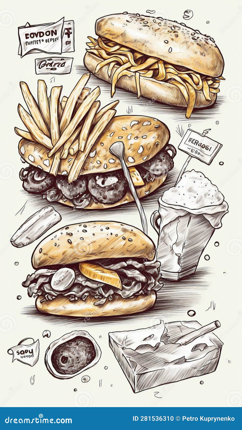 Drawing of Various Types of Fast Food. Pencil Drawing Stock ...