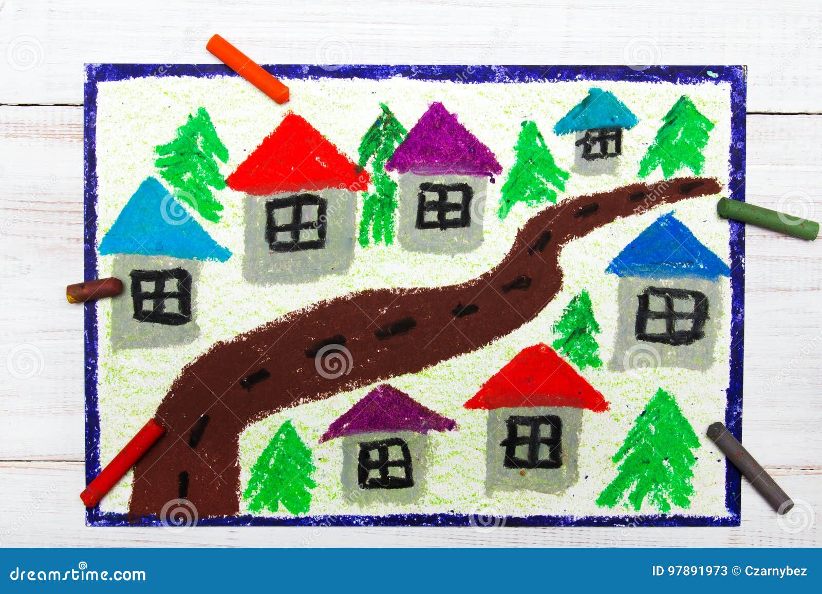 Drawing : village and road stock illustration. Illustration of crayons ...