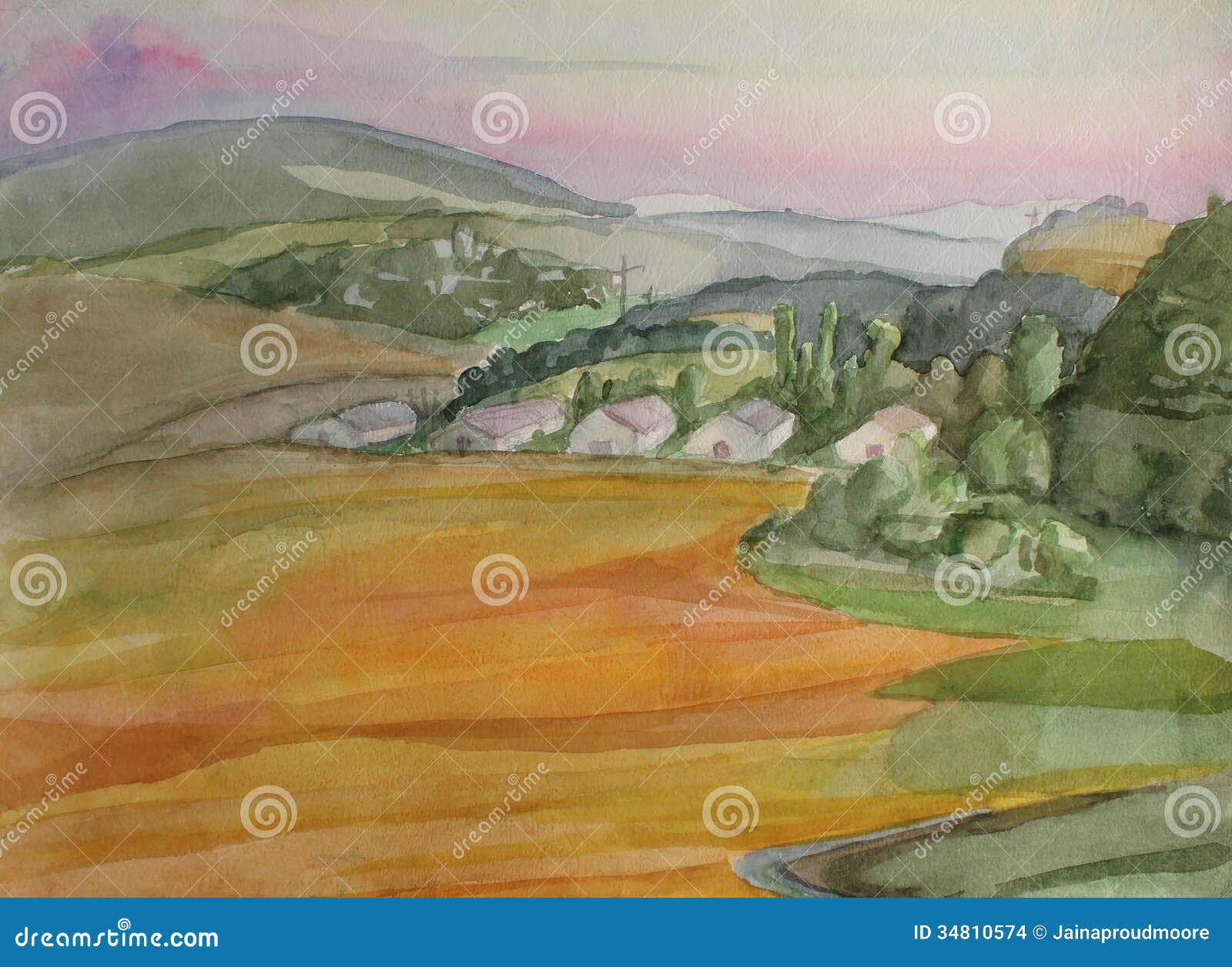 Drawing village at sunset stock illustration. Illustration of ...