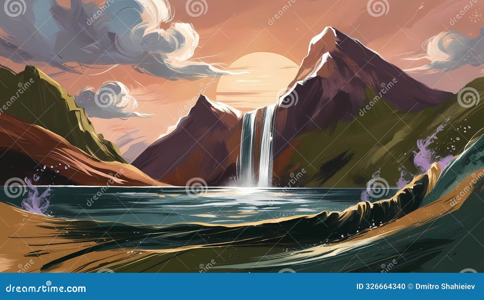 Drawing of a Waterfall Landscape with Mountains Stock Illustration ...