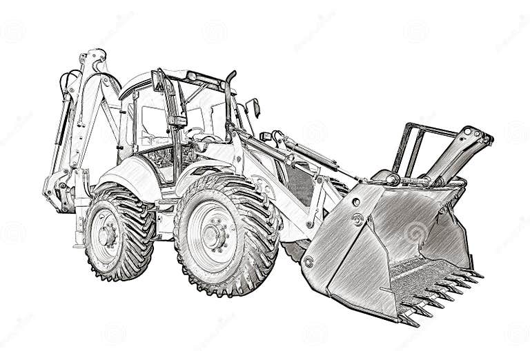 Sketch of the Wheeled Excavator, Side View Stock Illustration ...