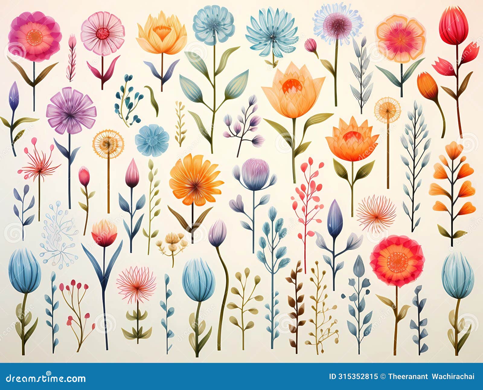 A Drawing of Whimsical Flowers and Leaves 3 Stock Illustration ...