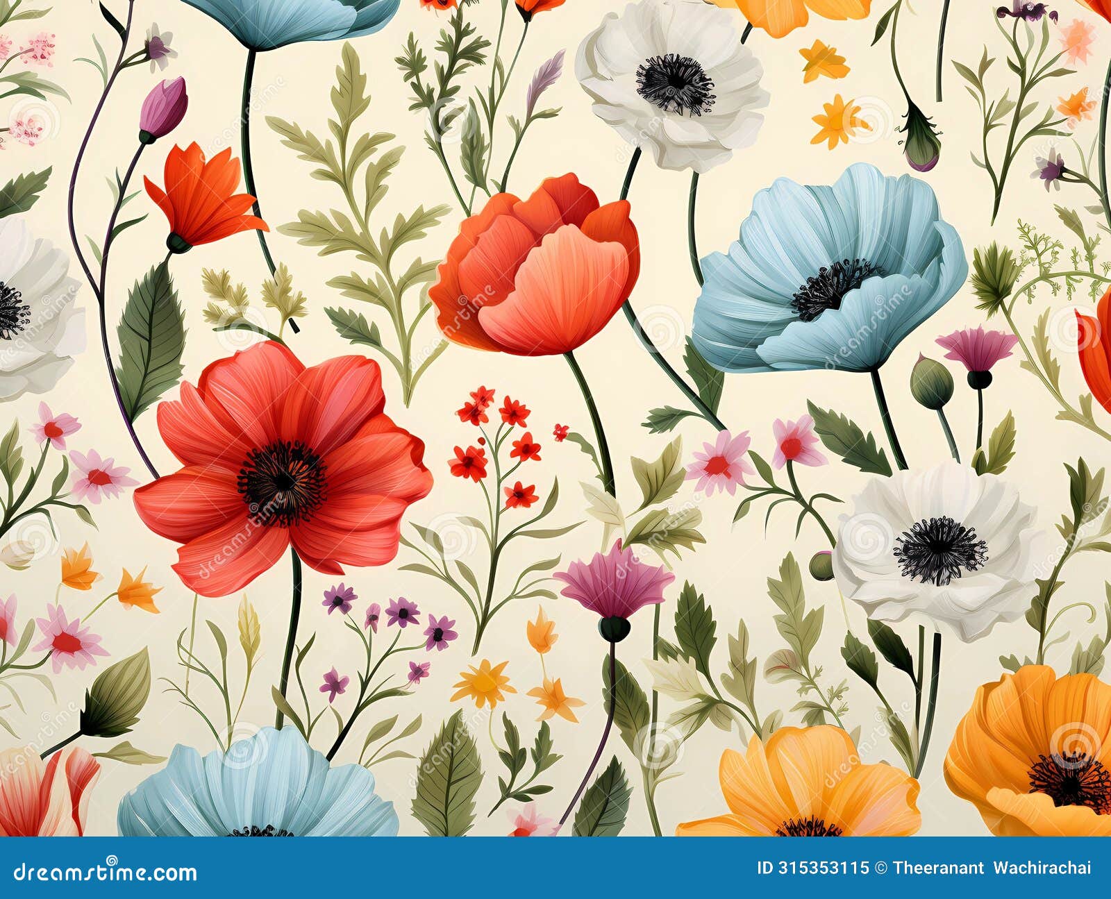 A Drawing of Whimsical Flowers and Leaves 4 Stock Illustration ...