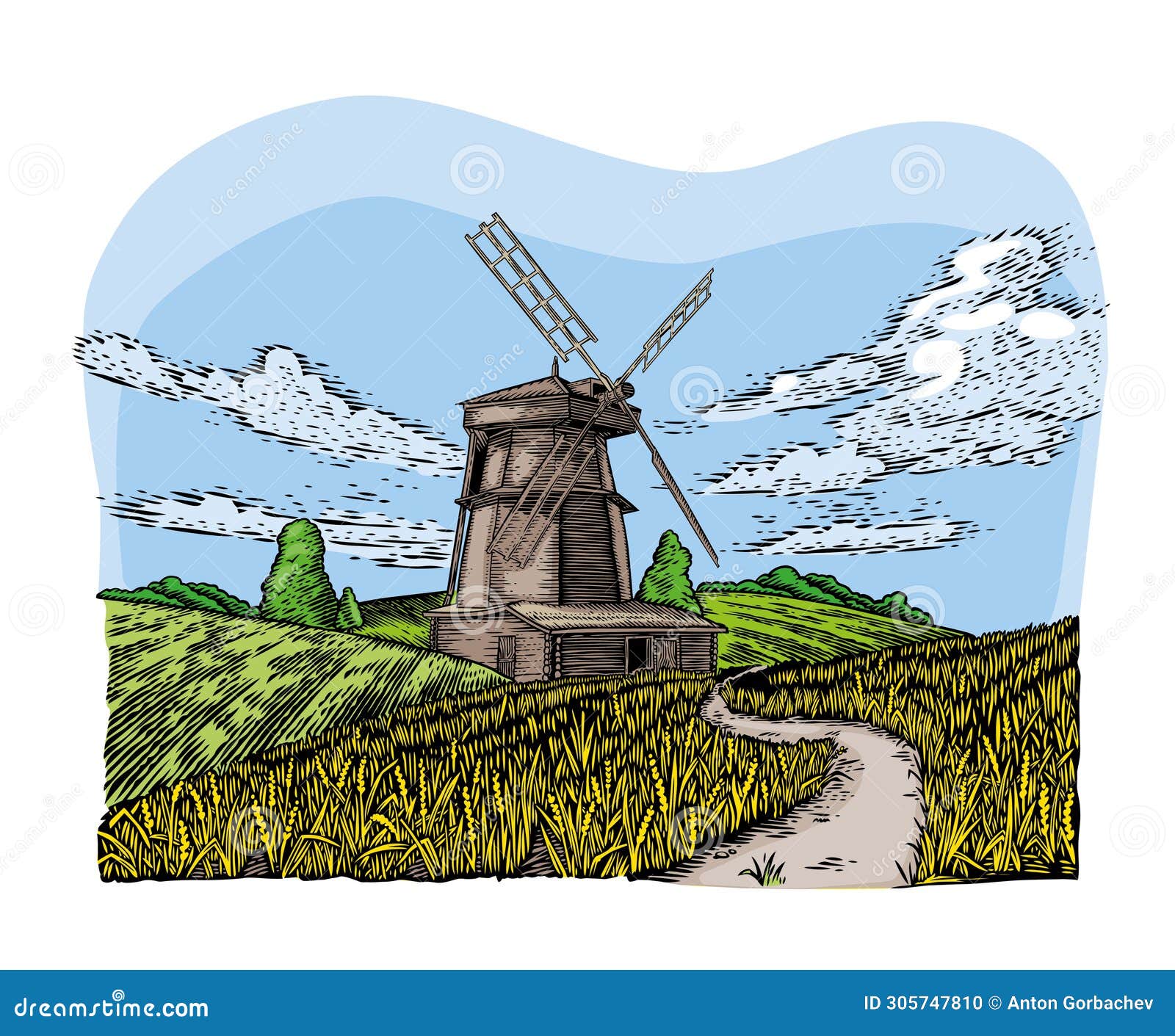 Drawing of Windmill in the Wheat Fields Stock Illustration ...