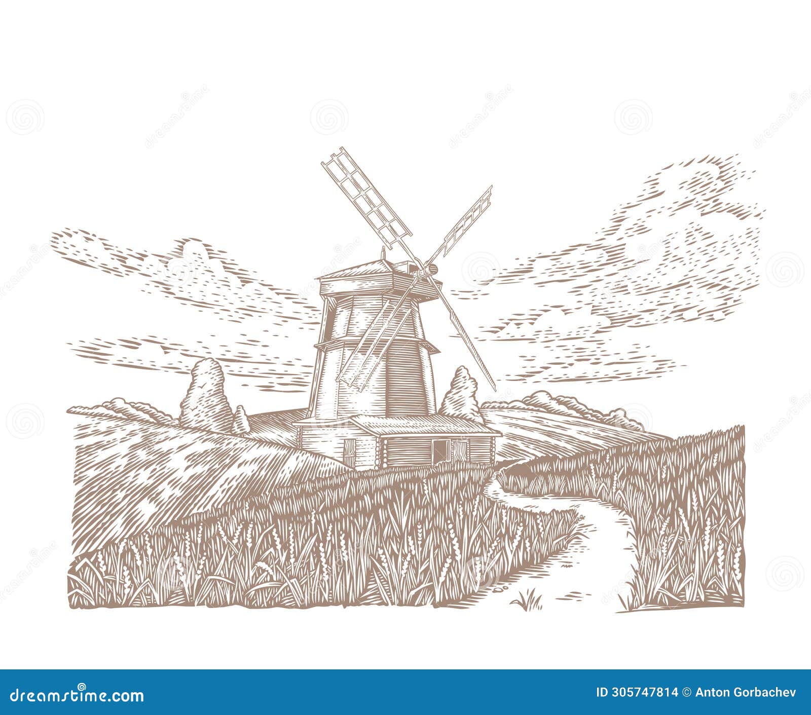 Drawing of Windmill in the Wheat Fields Stock Illustration ...
