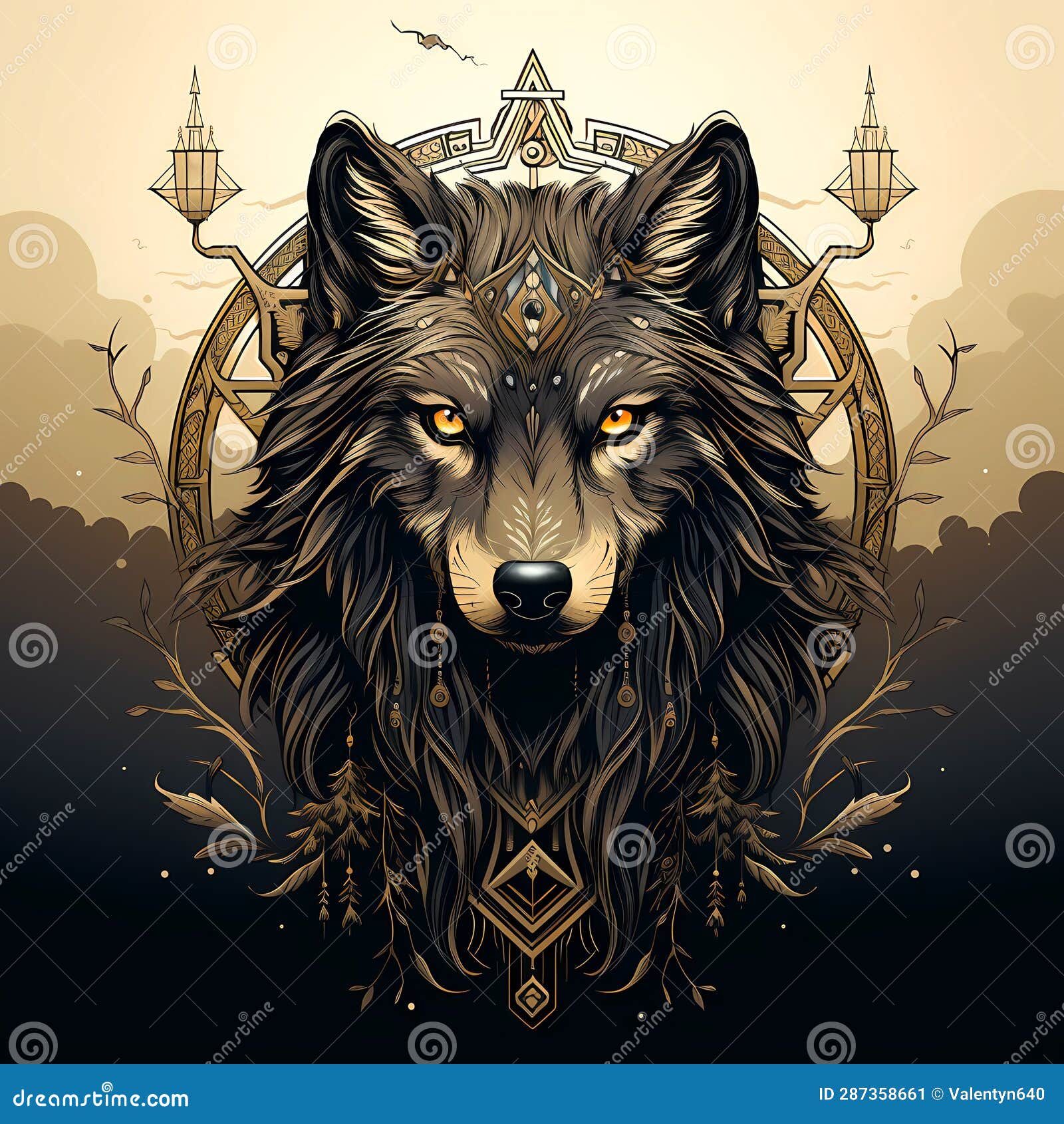 Drawing of Wolf S Head with Compass in the Background. Generative AI ...