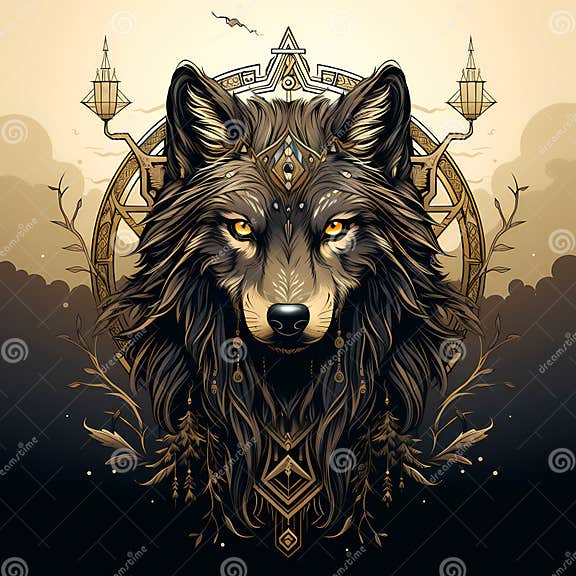 Drawing of Wolf S Head with Compass in the Background. Generative AI ...