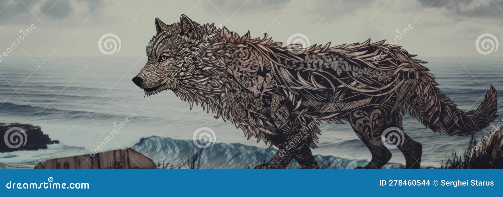 A Drawing of a Wolf Standing on a Cliff by the Ocean. Generative AI ...