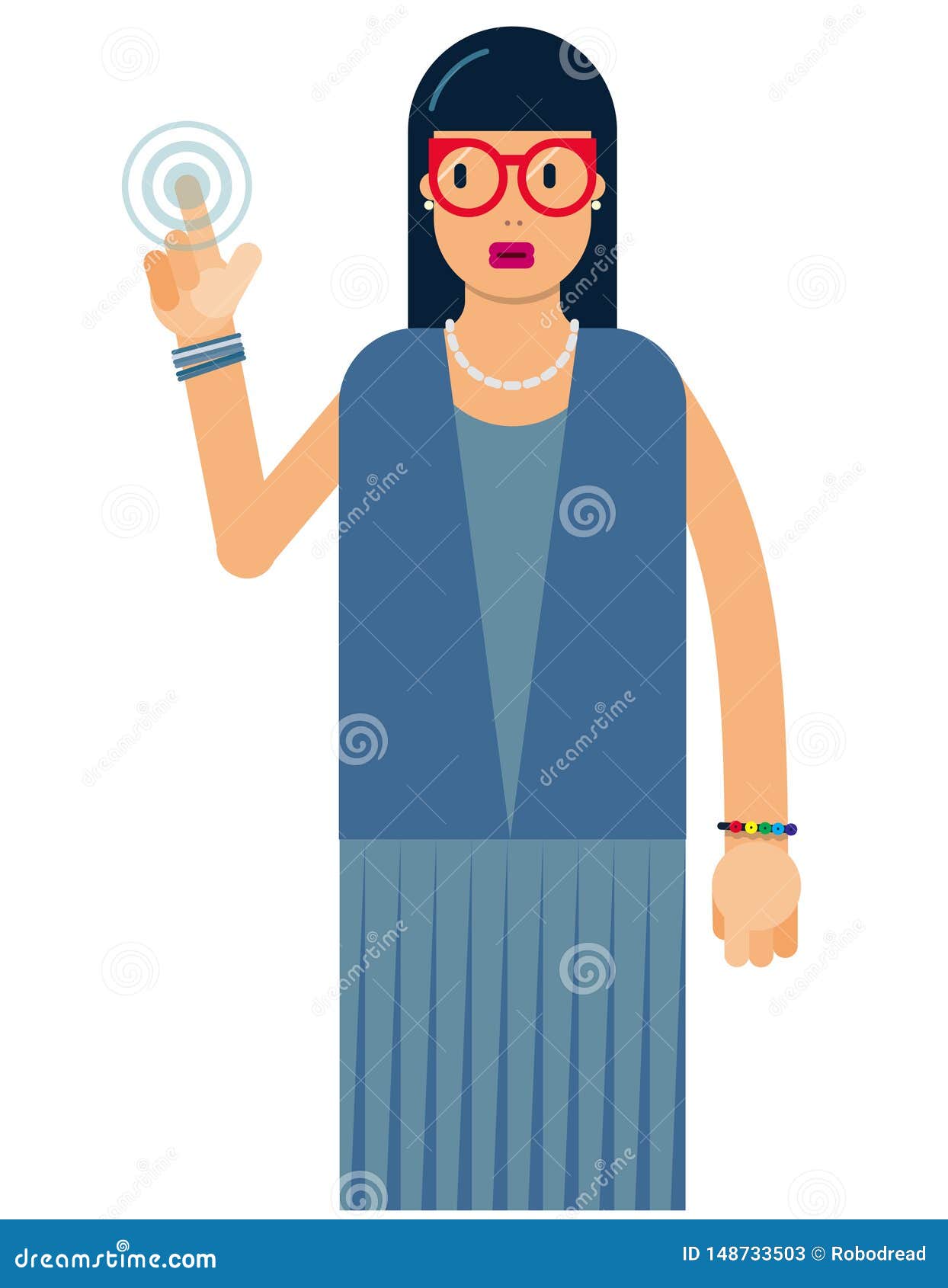 Drawing of a Woman Touching a Screen with One Hand Stock Vector ...